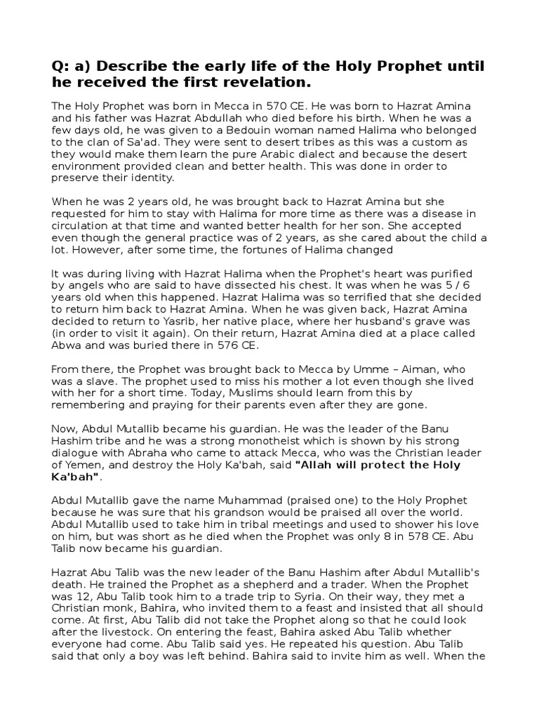 Q: A) Describe The Early Life of The Holy Prophet Until He Received The ...