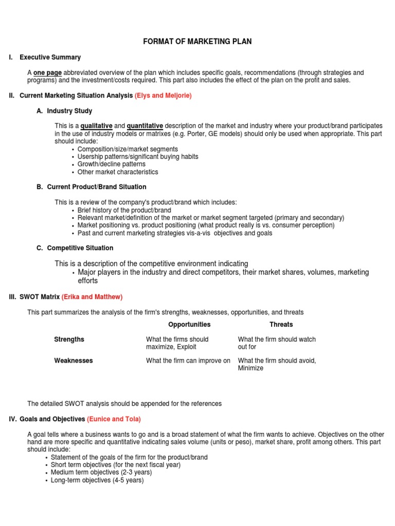 Format of A Marketing Plan | PDF | Strategic Management | Brand