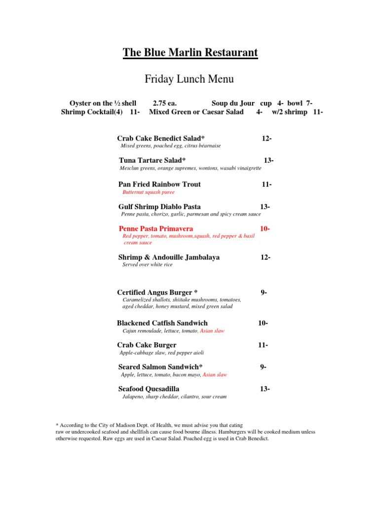 The Blue Marlin Restaurant: Friday Lunch Menu | PDF