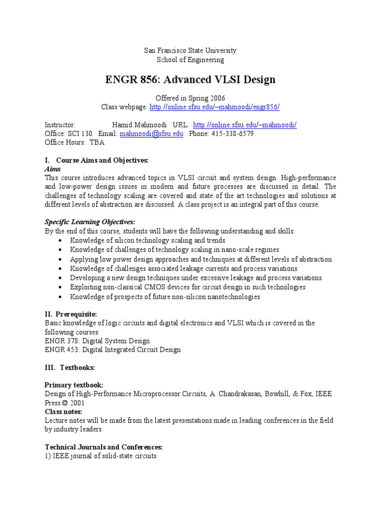 ENGR 856: Advanced VLSI Design: Mahmoodi@sfsu - Edu | PDF | Very Large Scale Integration ...