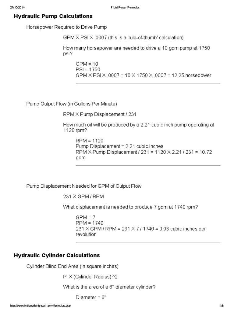 Fluid Power Formulas | PDF | Gallon | Pipe (Fluid Conveyance)