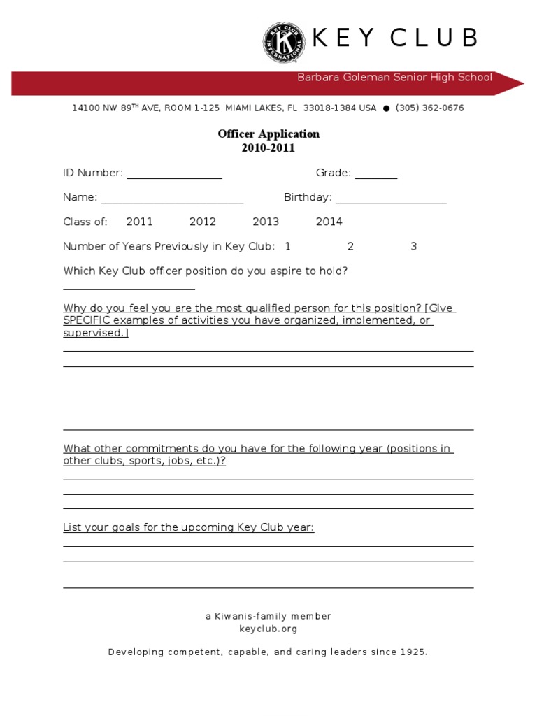 Key Club: Officer Application 2010-2011 | PDF | Business