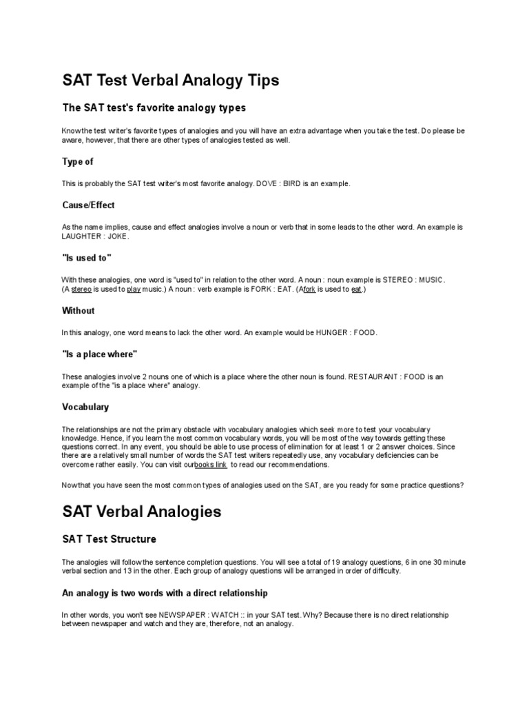 SAT Test Verbal Analogy Tips | PDF | Graduate Record Examinations | Sat