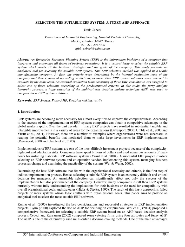 Selecting The Suitable Erp System | PDF | Enterprise Resource Planning | Fuzzy Logic