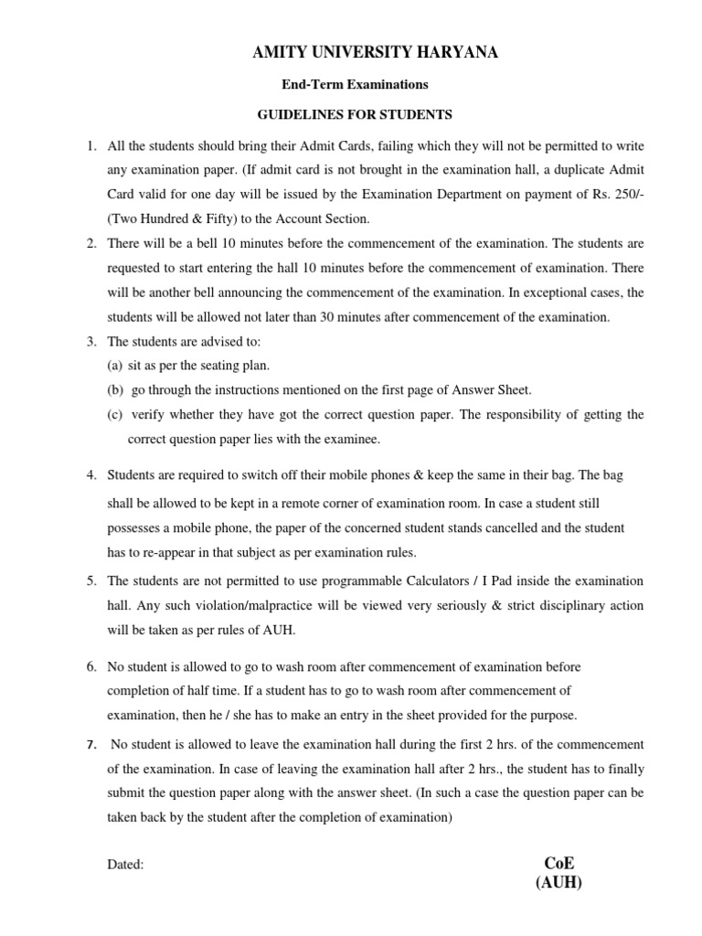 Amity University Exam Guidelines | PDF
