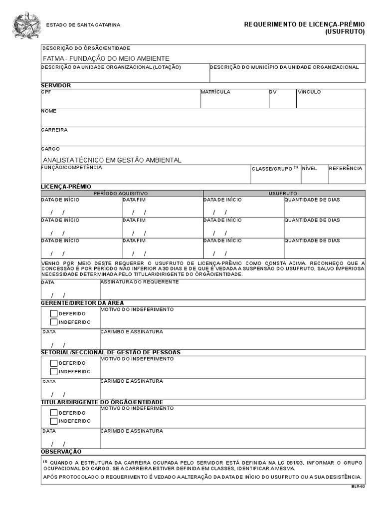 Requerimento de Licenca-Premio - Usufruto (MLR-93) | PDF