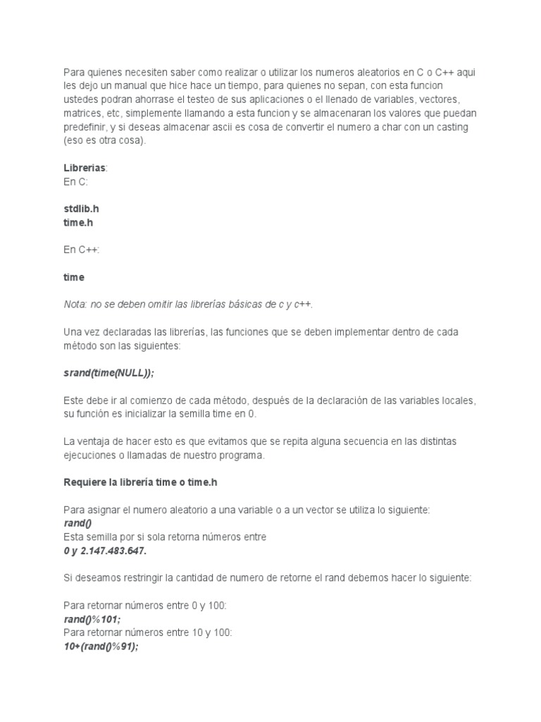 Número Random en C/C++ | PDF | C ++ | Estructura de datos de matriz