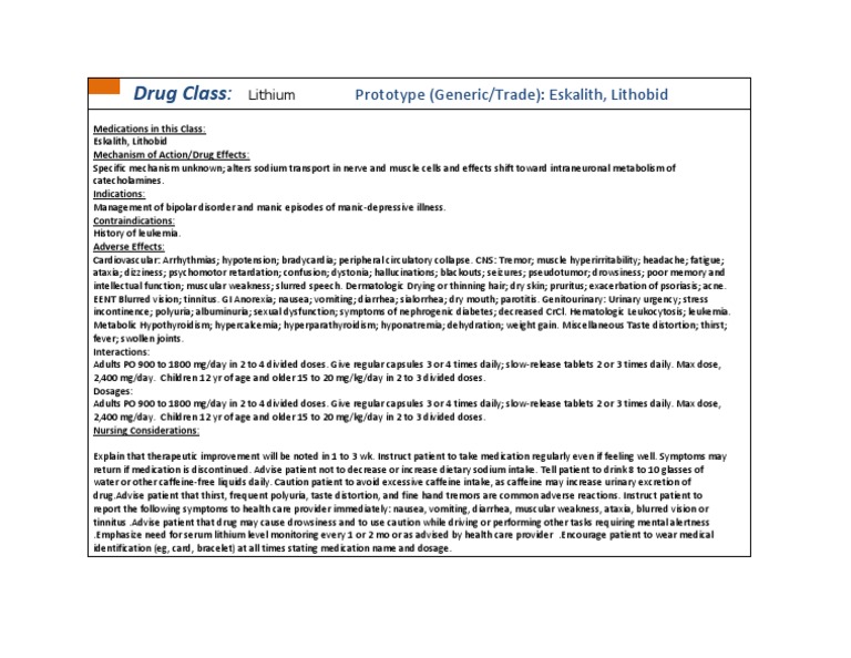 Drug Class:: Prototype (Generic/Trade) : Eskalith, Lithobid | PDF ...