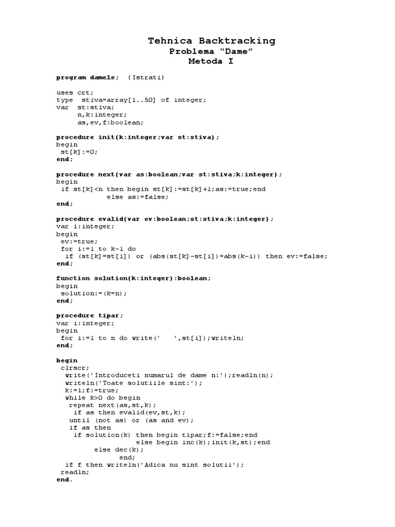 Tehnica Backtracking Problema Dame Metoda I Download Free Pdf String Computer Science 