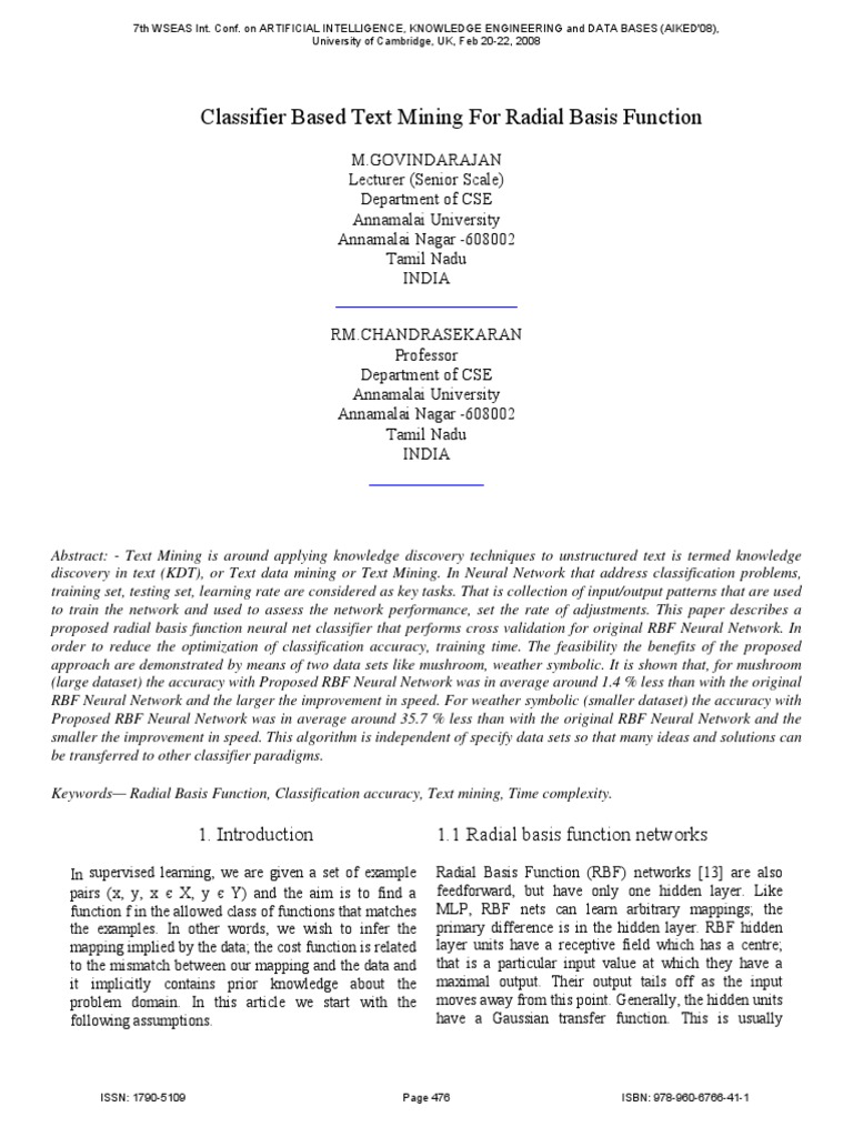 Classifier Based Text Mining For Radial Basis Function | Download Free PDF | Cross Validation ...