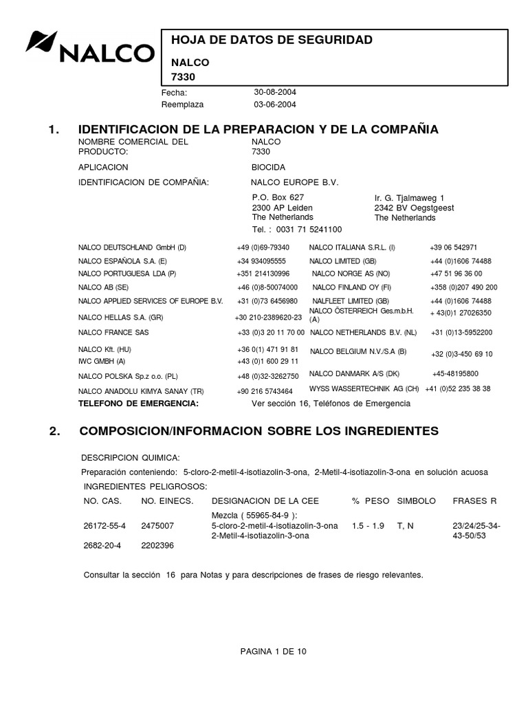 (342671044) MSDS Nalco 7330 | PDF | Agua | Contaminación