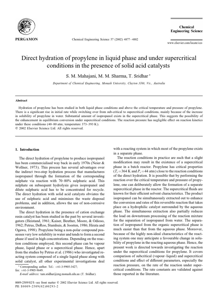 Direct Hydration of Propylene in Liquid Phase and Under Supercritical ...