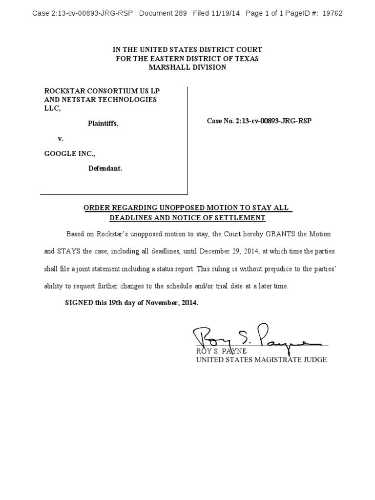 Order Approving Stay of Rockstar, Google Patent Suit | PDF