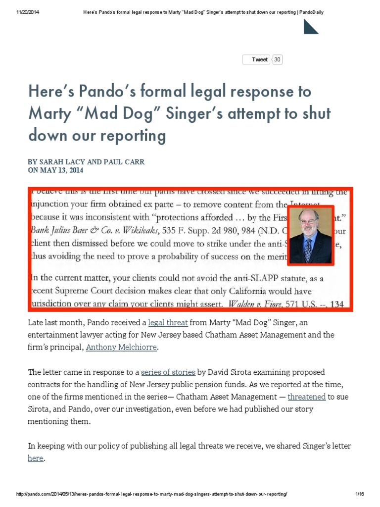 Here's Pando's Formal Legal Response To Marty "Mad Dog" Singer's ...