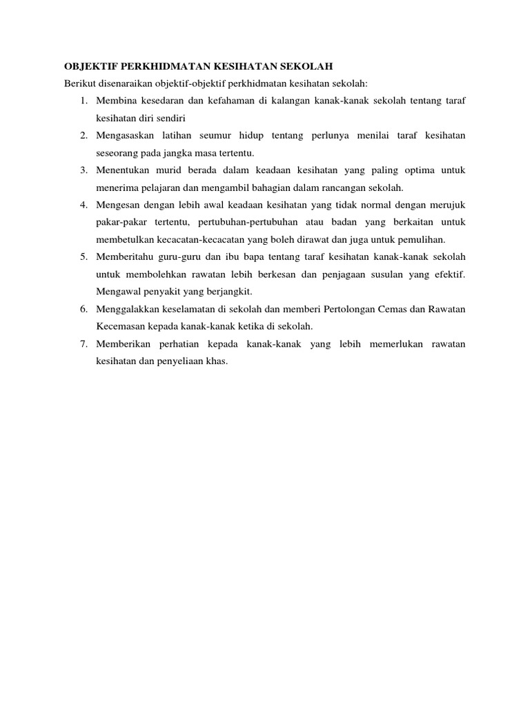 Objektif Program Kesihatan Sekolah | PDF