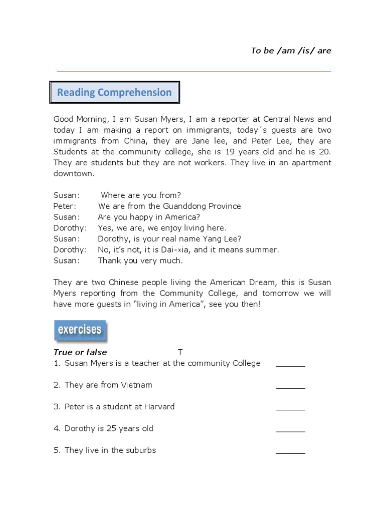 Reading Comprehension Verb To Be | PDF