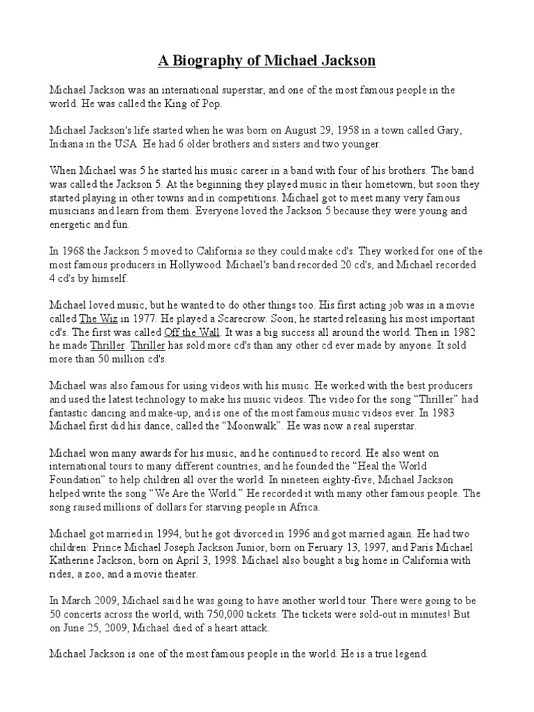 Michael Jackson Biography and Worksheet | PDF | Michael Jackson ...