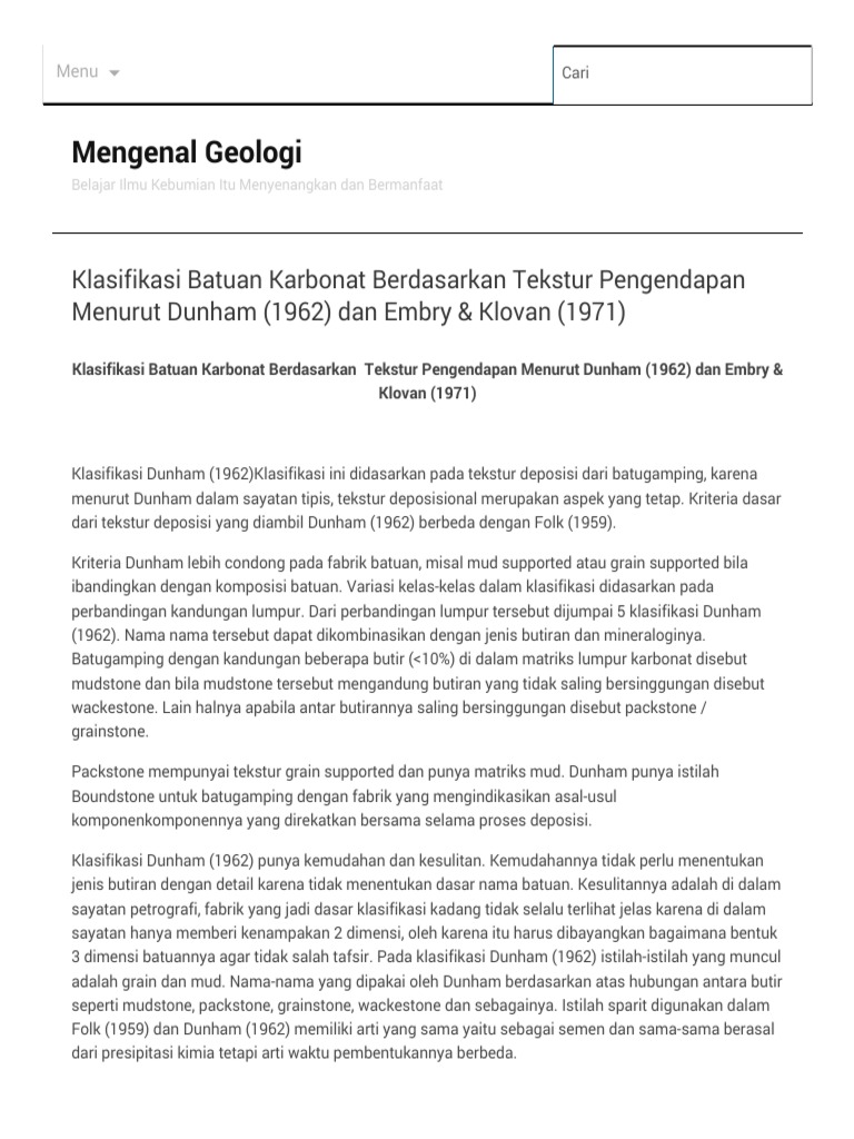 Klasifikasi Batuan Karbonat Berdasarkan Tekstur Pengendapan Menurut ...