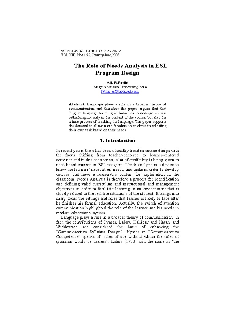 Needs Analysis in ESL Program Design | PDF | English As A Second Or ...