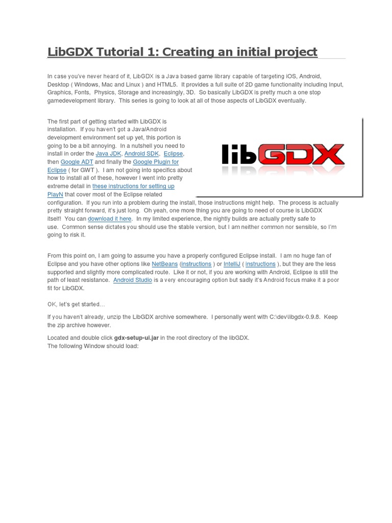Libgdx Tutorial 1 Pdf Eclipse Software Java Programming Language