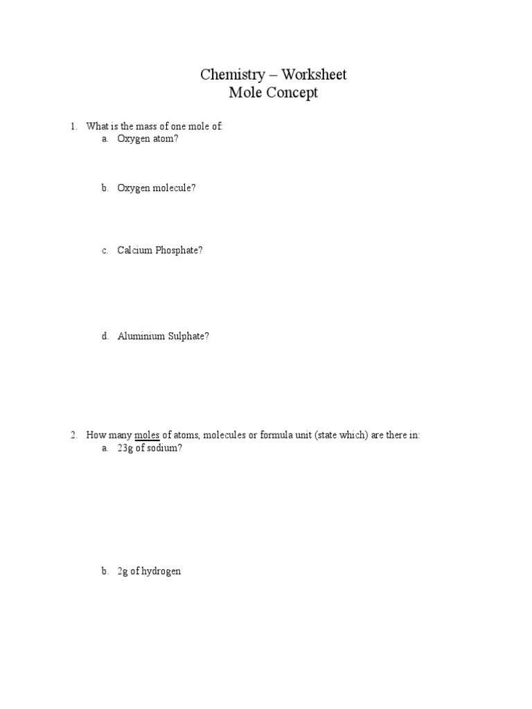 Mole Concept Worksheet Mole Concept As… | Free Interactive
