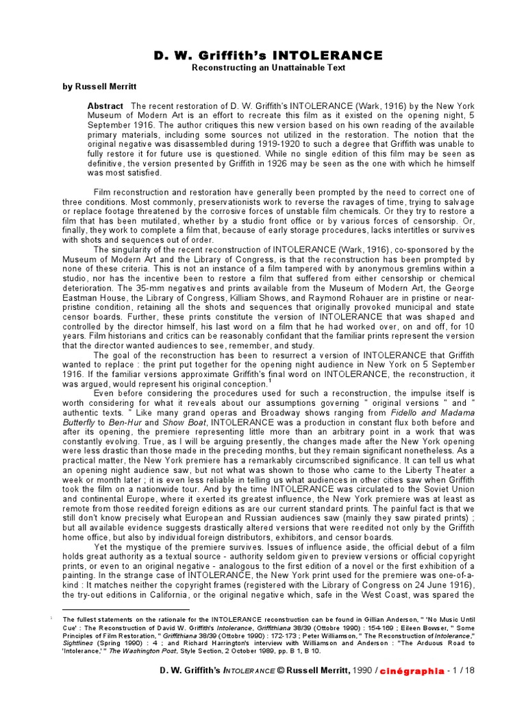 Griffith's "Intolerance" | PDF | Silent Film | Library And Museum