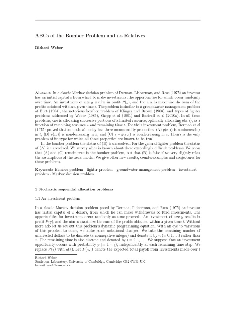 Abcs of The Bomber Problem and Its Relatives: Richard Weber | PDF ...