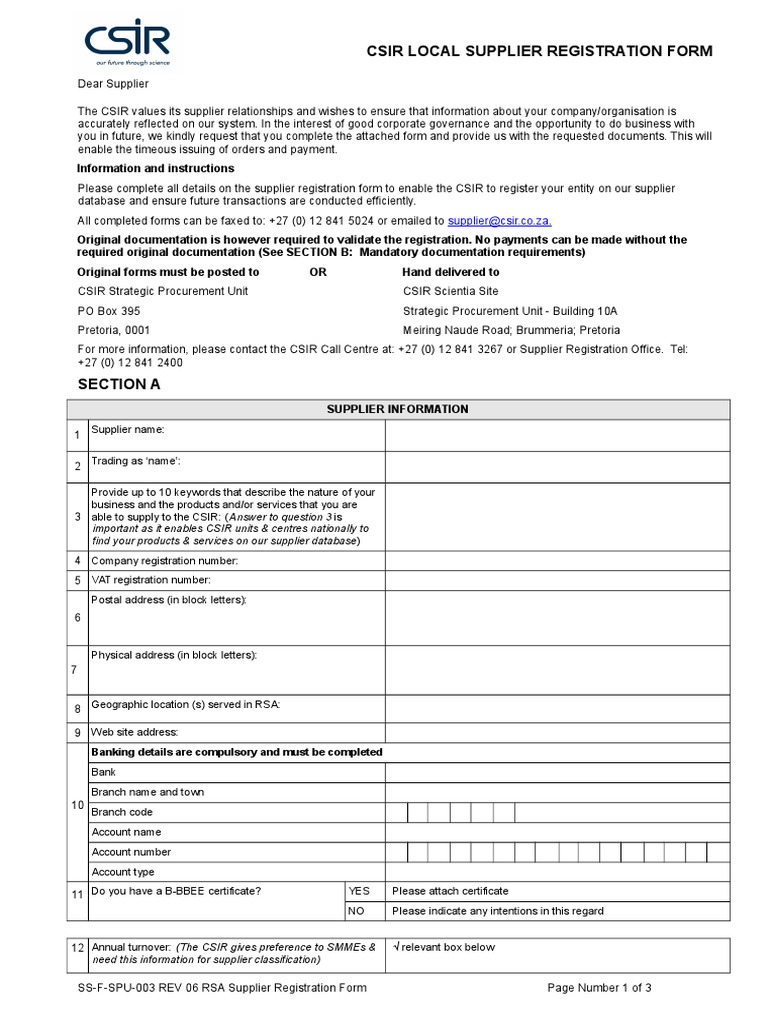 CSIR Local Supplier Registration Form | PDF | Cheque | Banks