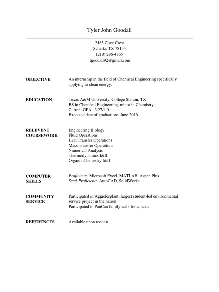 Chemical Engineering Internship Resume | PDF