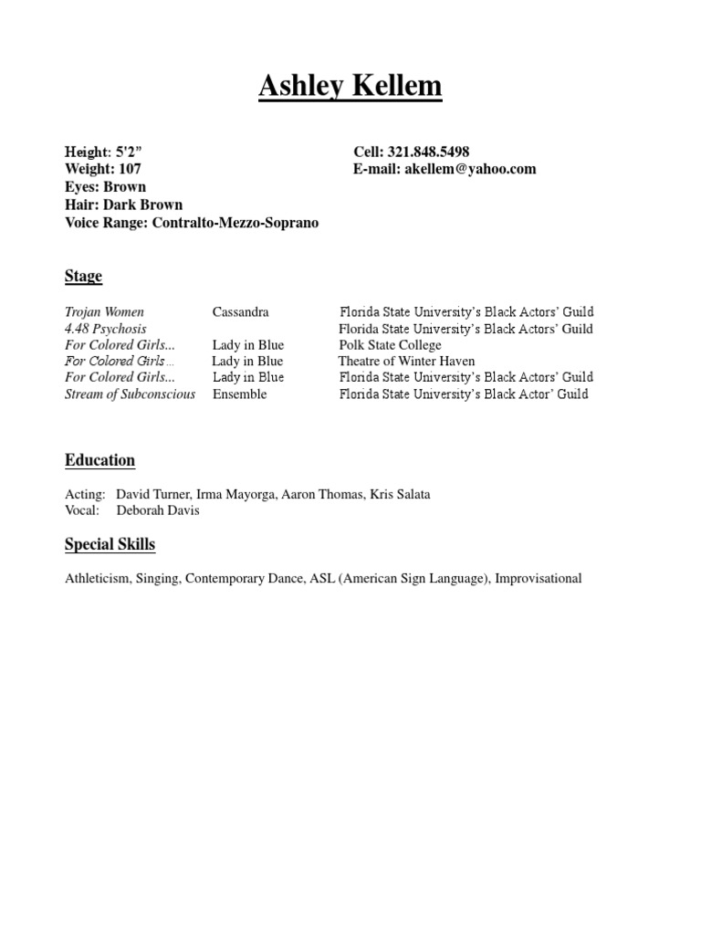 Ashley Kellem: Actor & Vocalist Profile | PDF | Social Science | Art