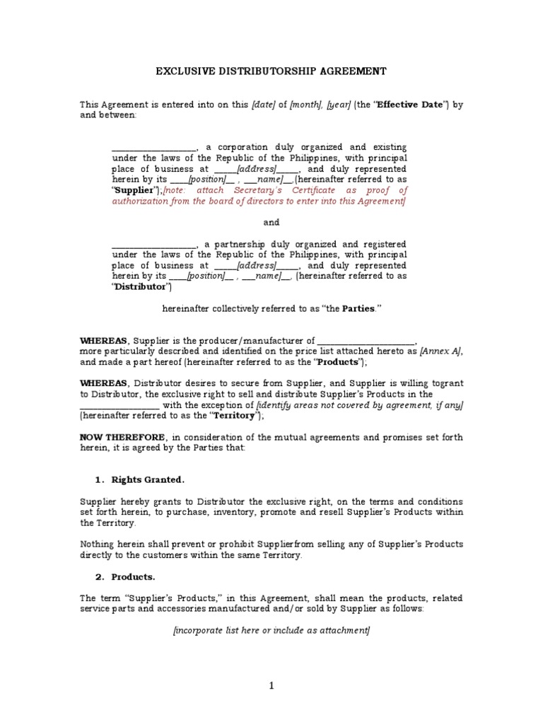 Exclusive Distributorship Agreement Template | PDF | Contractual Term ...