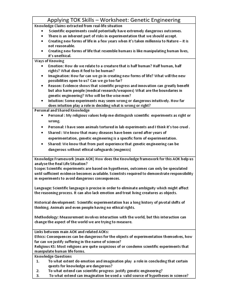 Genetic Engineering TOK Worksheet | PDF | Experiment | Science