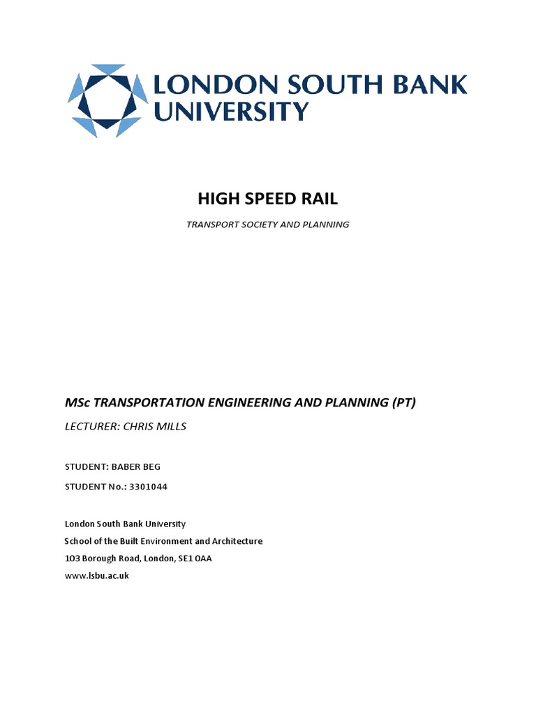 High Speed Rail: MSC Transportation Engineering and Planning (PT) | PDF ...