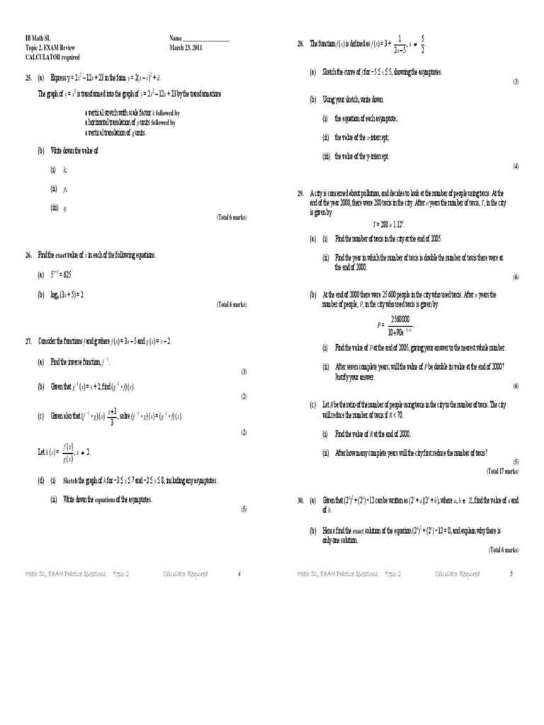 IB Math SL Exam Practice Questions | PDF | Asymptote | Calculator