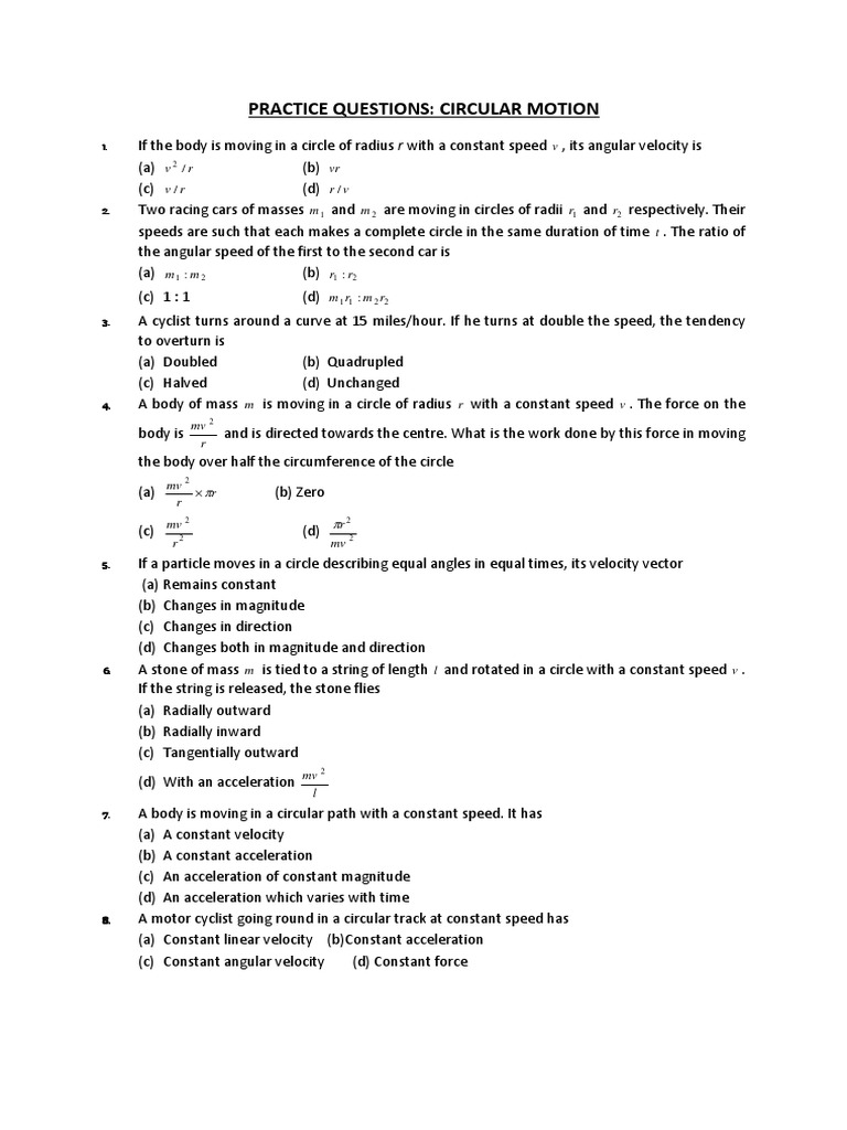 Circular Motion Practice Questions | PDF | Acceleration | Rotation ...