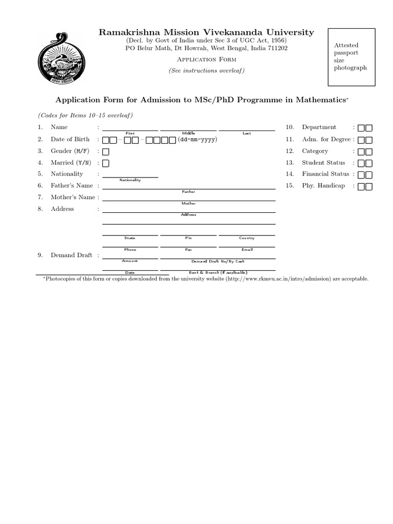Ramakrishna Mission Vivekananda University: Application Form For ...
