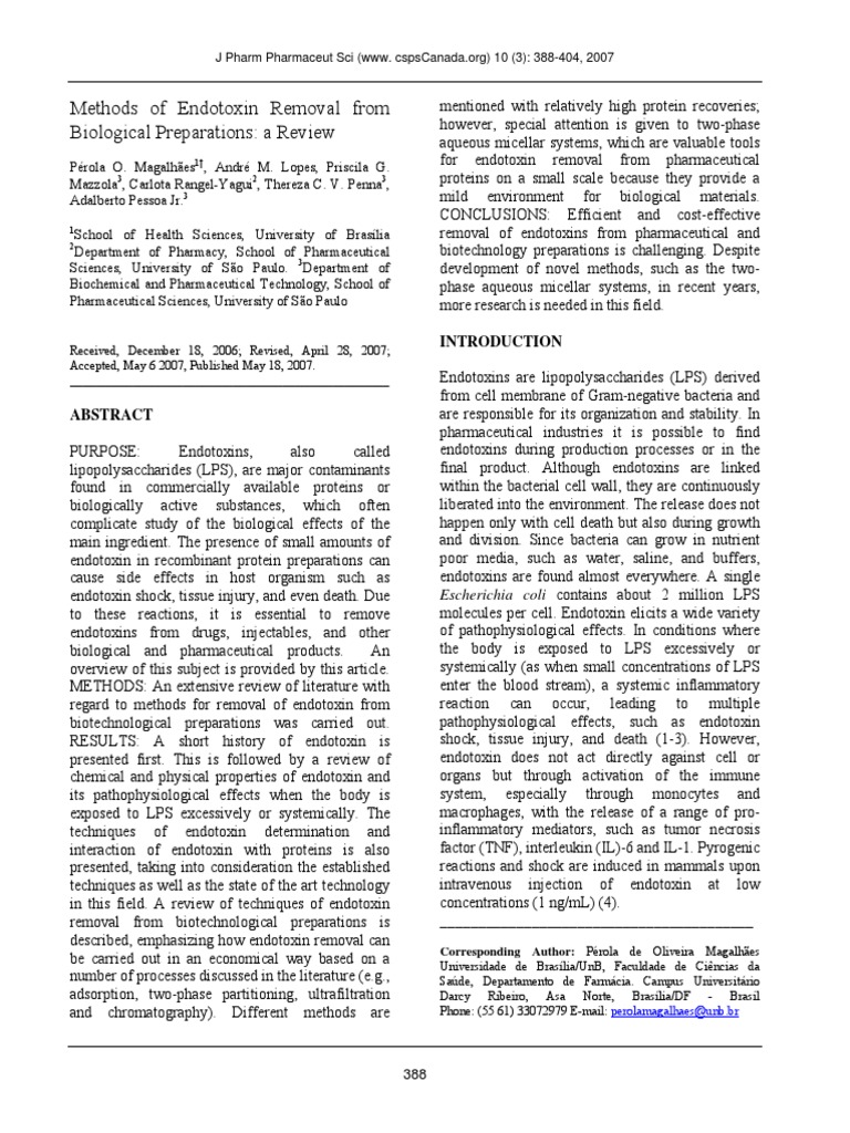 Methods of Endotoxin Removal From Biological Preparations | PDF ...