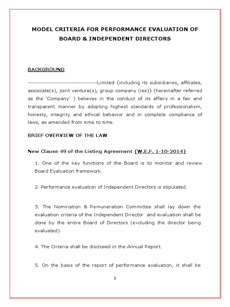 Performance Evaluation of Board | PDF | Audit | Board Of Directors