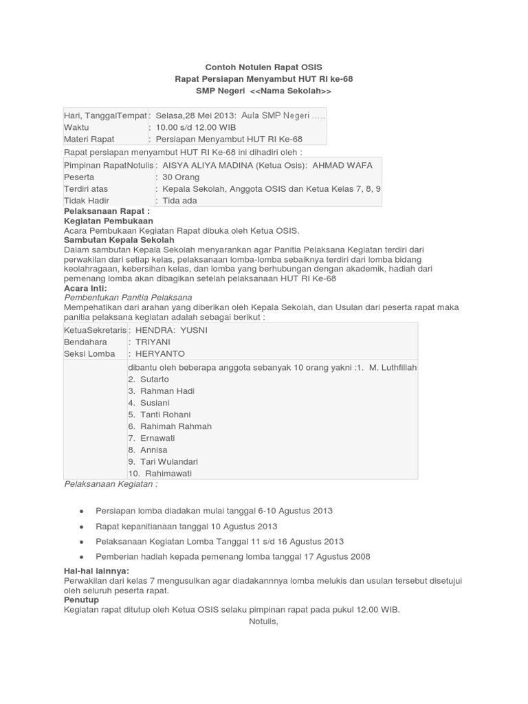 Contoh Notulen Rapat OSIS | PDF