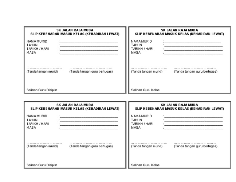 Borang Disiplin Slip Kebenaran Masuk Kelas (Kehadiran Lewat) | PDF