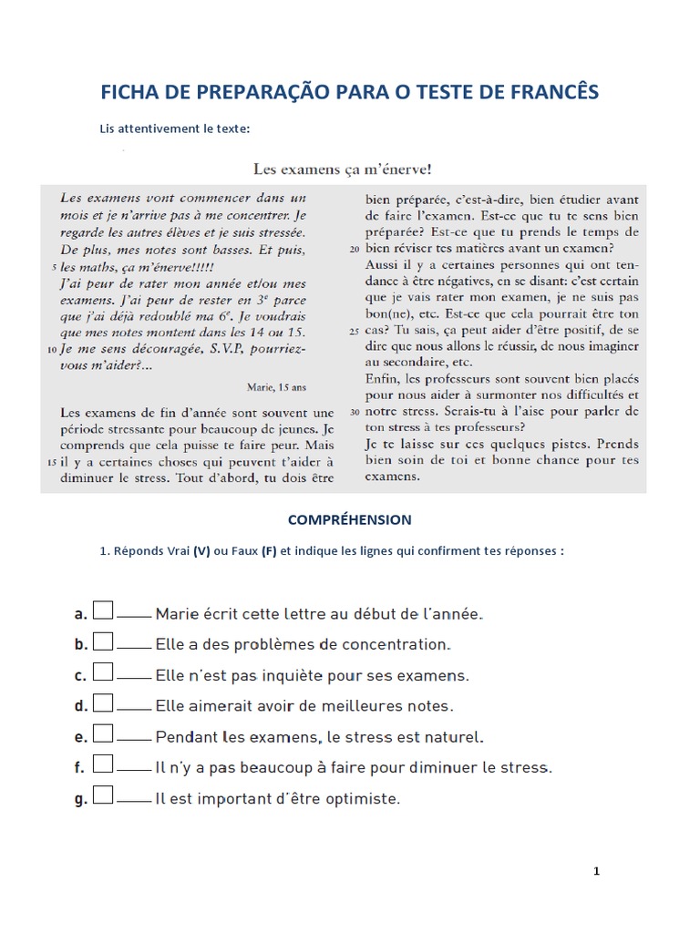 Ficha de Preparação para o Teste de Francês | PDF