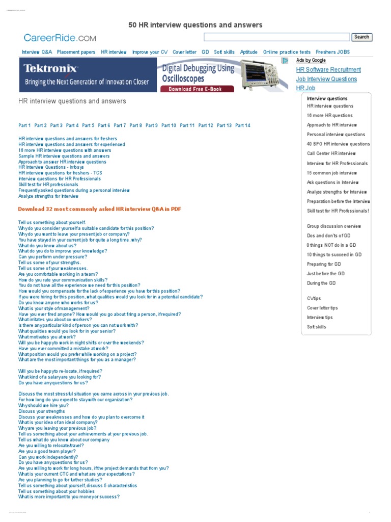 50 HR Interview Questions and Answers, HR Interview PDF | PDF ...