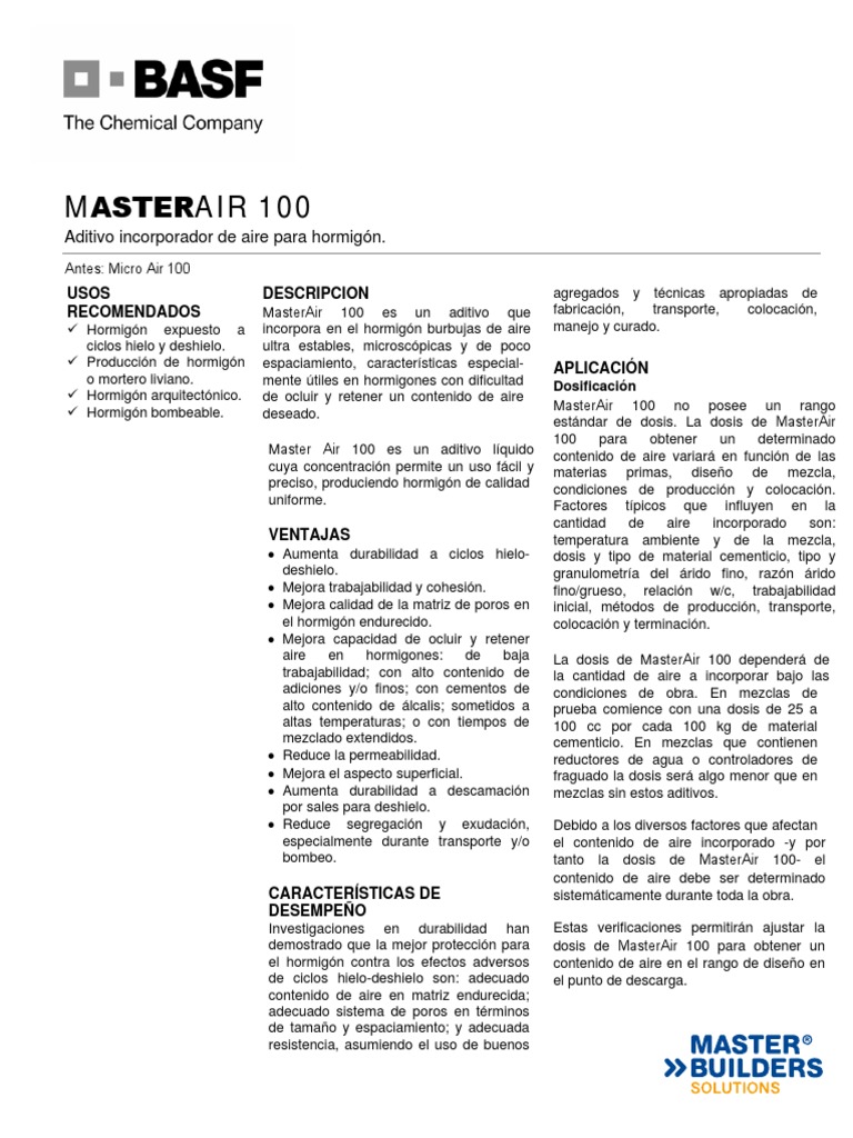 Basf Masterair 100 Tds | PDF | Hormigón | Química
