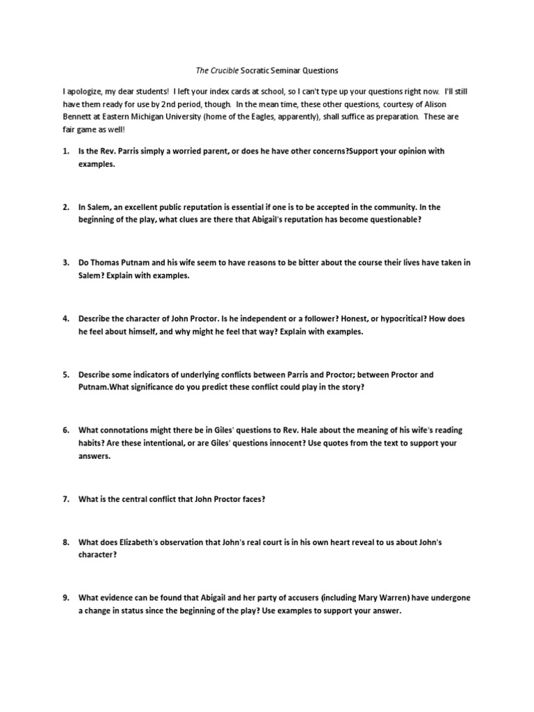 The Crucible Socratic Seminar Questions | PDF