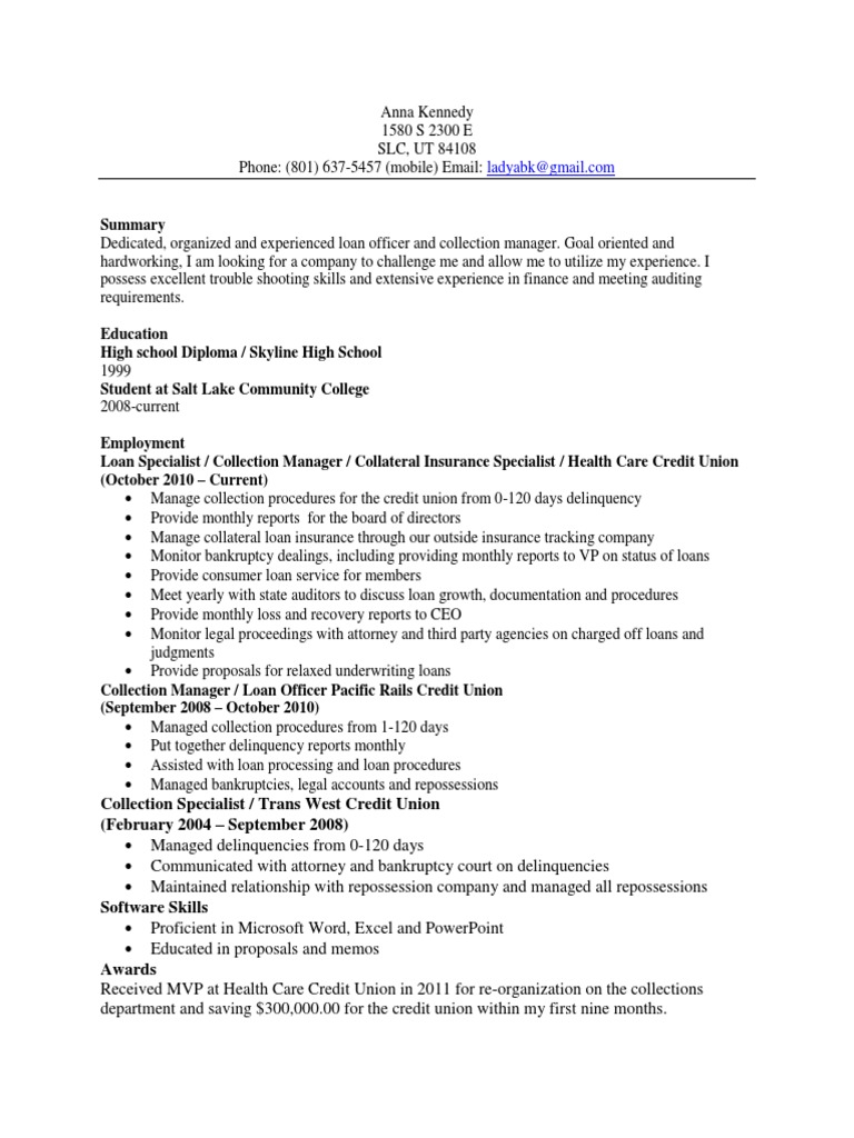 Loan Manager Resume: Anna Kennedy | PDF