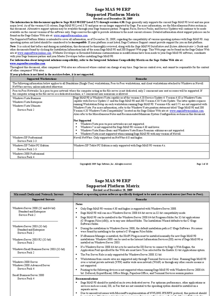 Sage MAS 90 ERP Supported Platform Matrix: Page 1 of 10 | PDF | Remote ...