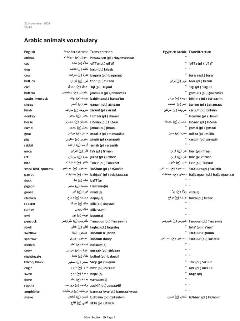 Arabic Animal Names and Vocabulary | PDF | Domesticated Animals | Livestock