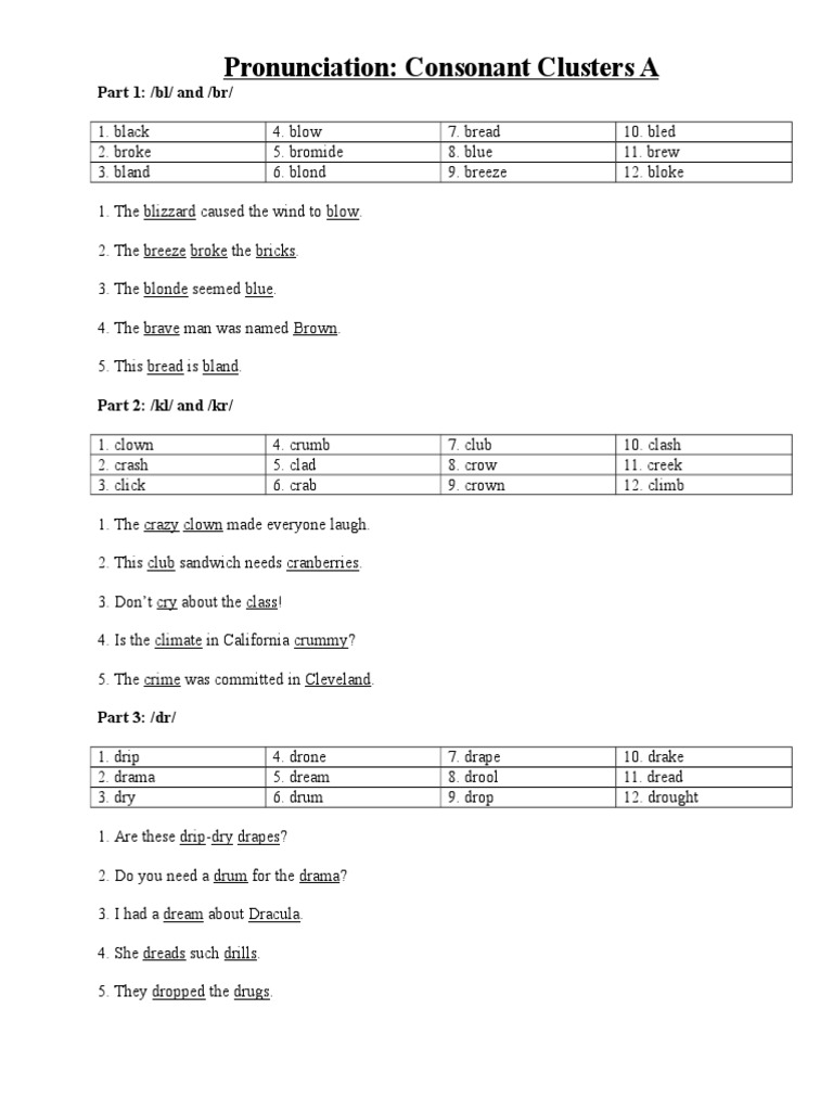 Pronunciation: Consonant Clusters A: Part 1: /BL/ and /BR | PDF