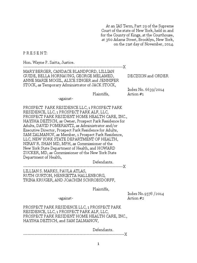 Judge Saitta's Order of Nov 21 On Prospect Park Residence | PDF ...