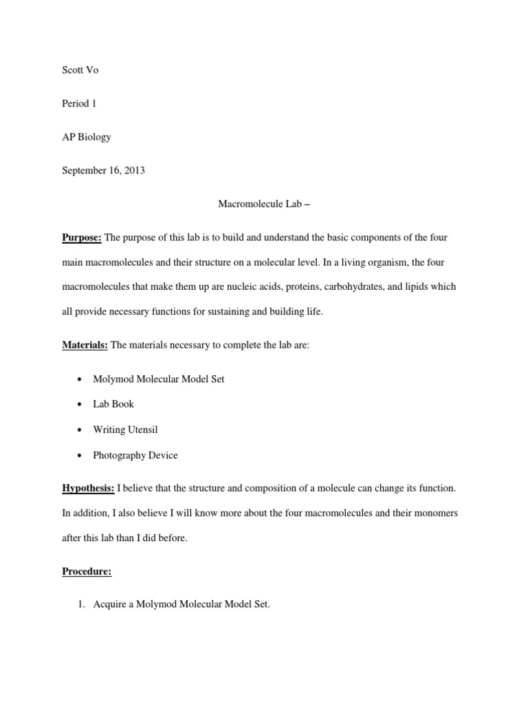 AP Bio Macromolecule Lab Report | PDF | Amino Acid | Biosynthesis